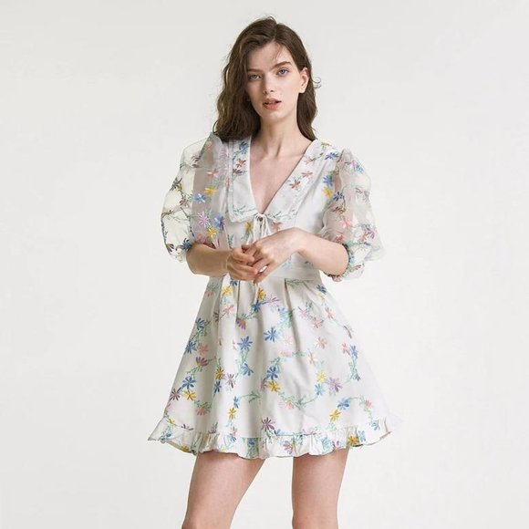 J.ING | Dresses | Jing Ivory Floral Embroidered Vneck Sheer Puff Sleeve ...